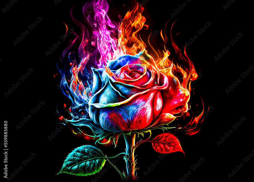 The rose is painted in red and blue, burns with a crimson flame on a ...