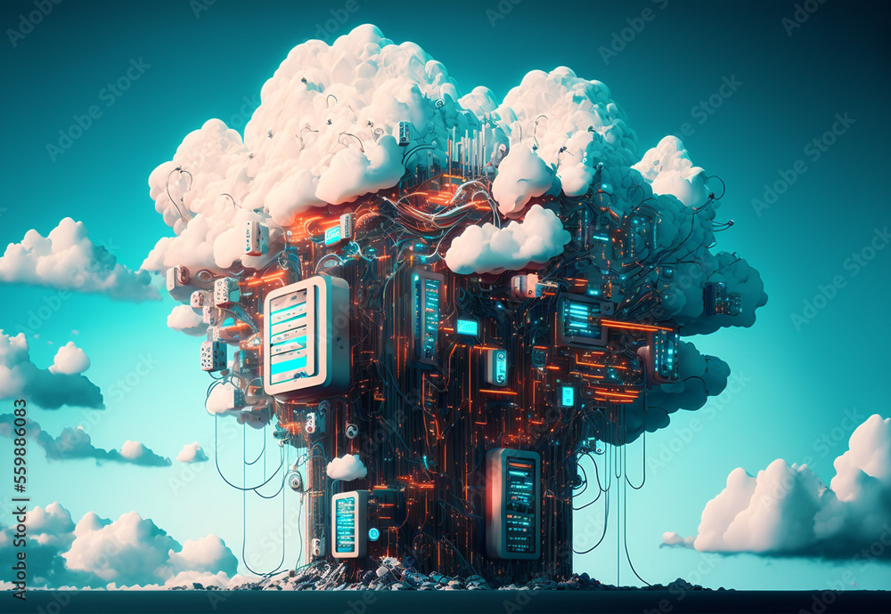 Splashart of cloud computing with a network of interconnected clouds ...