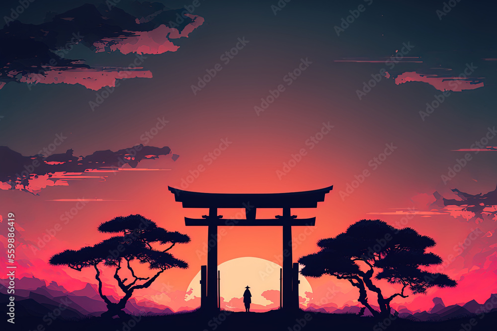 Gradient scenery with a torii gate. Generative AI Stock Illustration ...