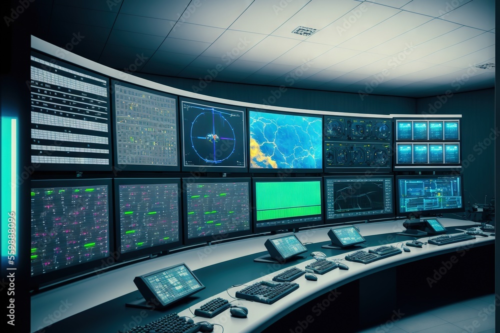 a control room with multiple monitors and laptops on the desk and a lot ...