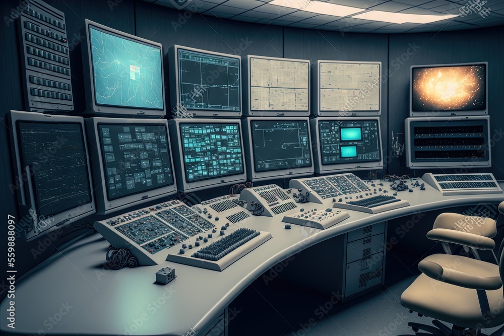 a control room with multiple monitors and a chair in front of it and a ...