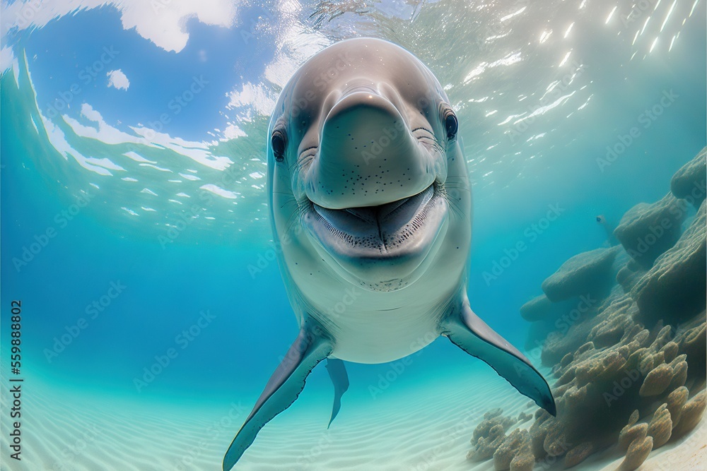 a smiling dolphin swimming in the ocean with a sky background and a ...