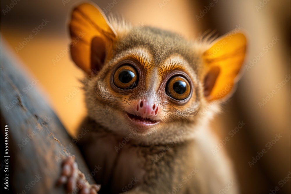 a small animal with big eyes sitting on a tree branch with a blurry ...
