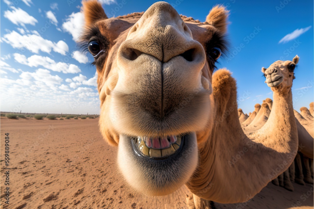a camel with its mouth open and it's tongue out in the desert with ...