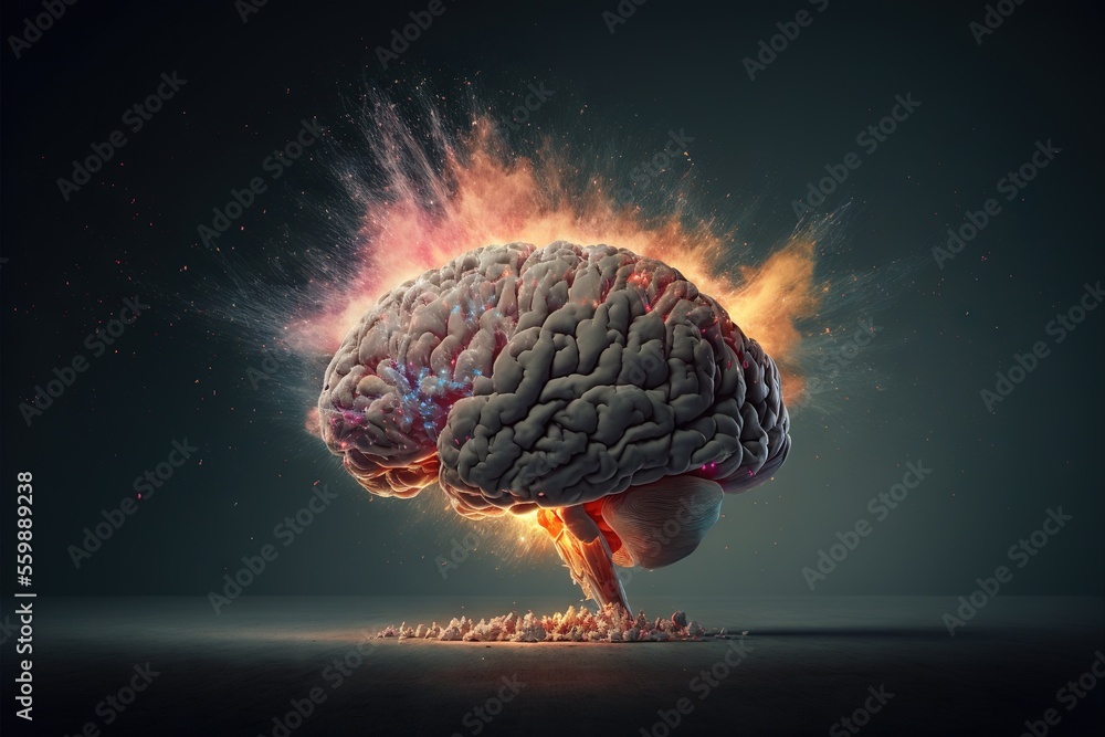 a brain exploding with a lot of fire and sparks in the middle of it ...