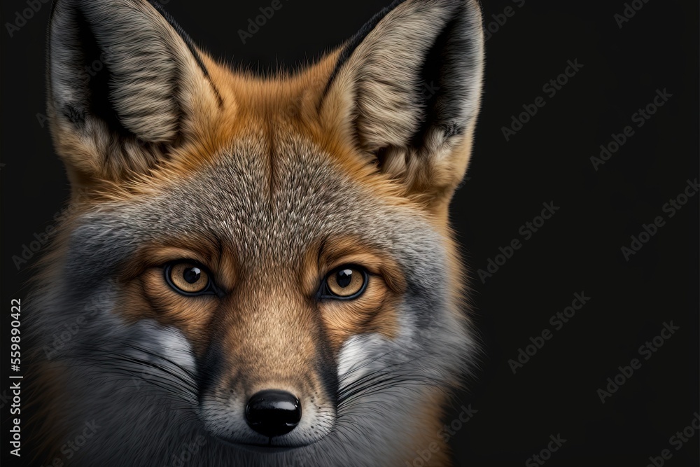 a close up of a fox's face with a black background and a black ...