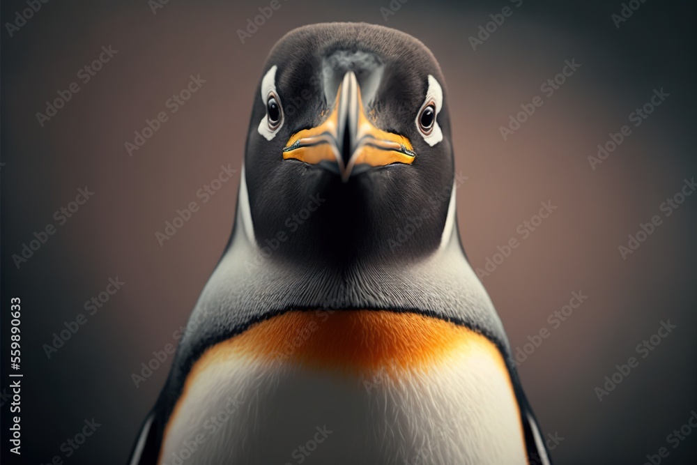 a penguin with a black and orange beak and a white head and yellow eyes ...