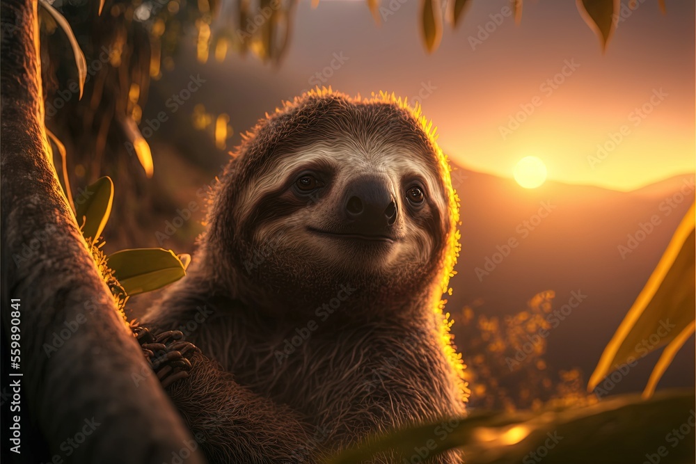 a sloth hanging from a tree branch in the jungle at sunset or dawn with ...