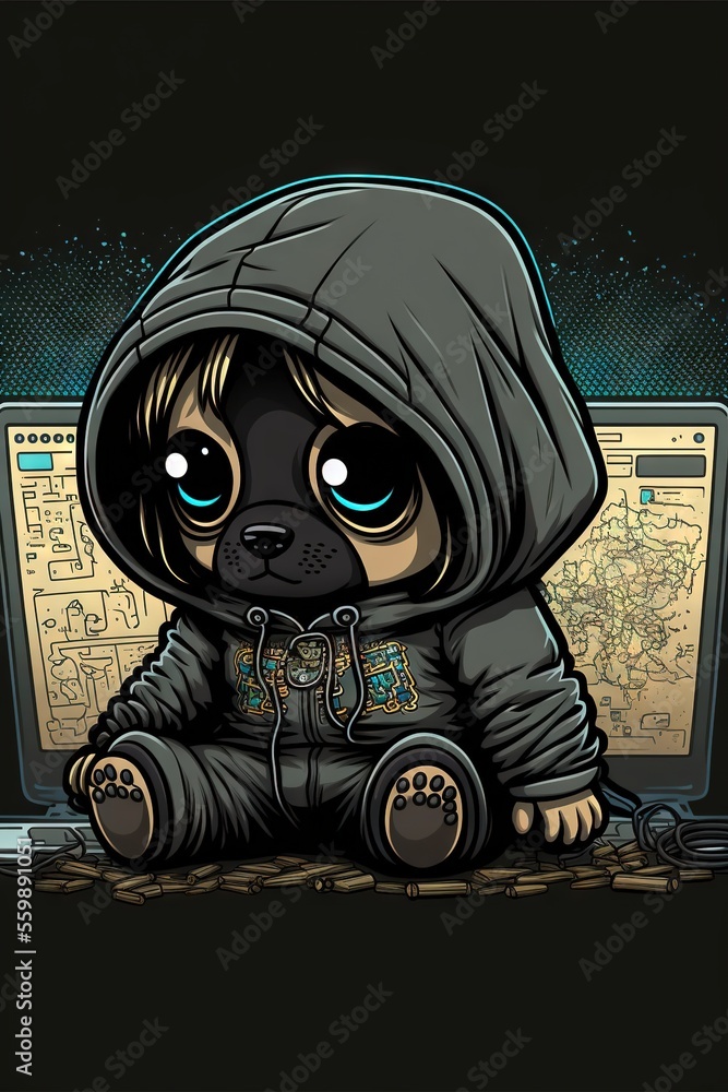 a little black cat sitting in front of a laptop computer with a hoodie ...