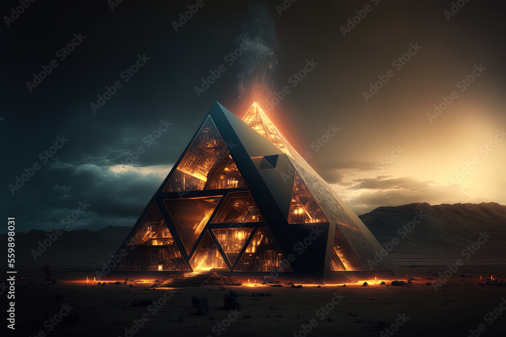 Sci-fi space background with pyramid. Science and technology platform ...
