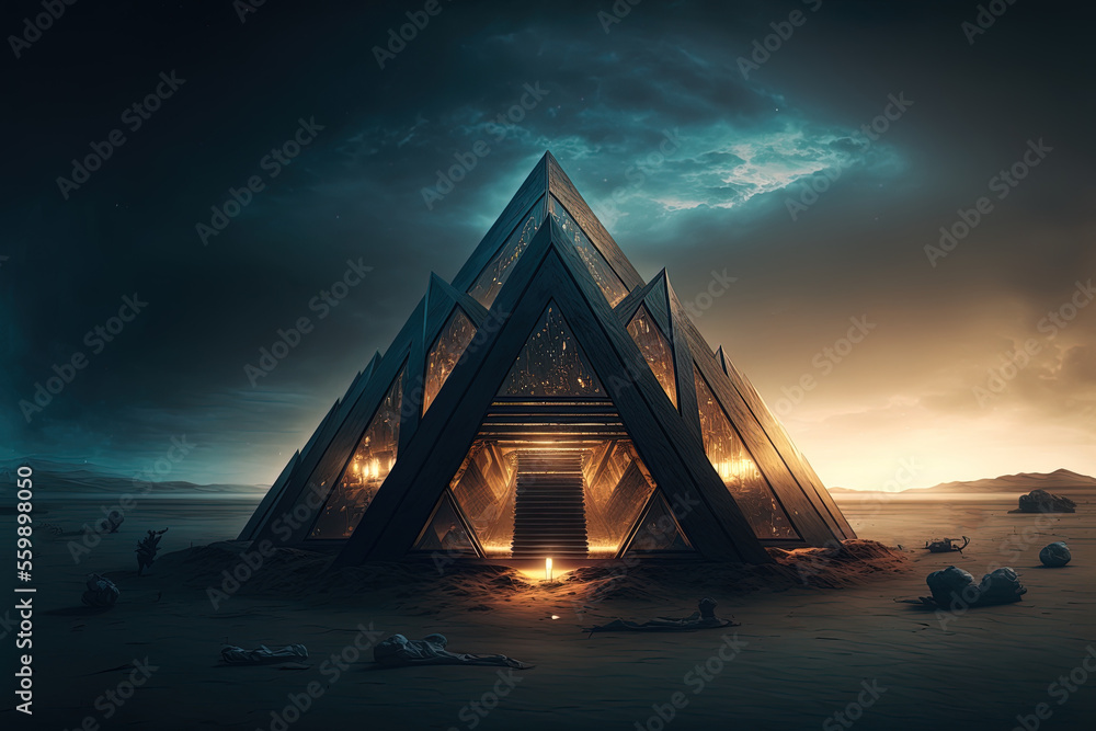 Sci-fi space background with pyramid. Science and technology platform ...