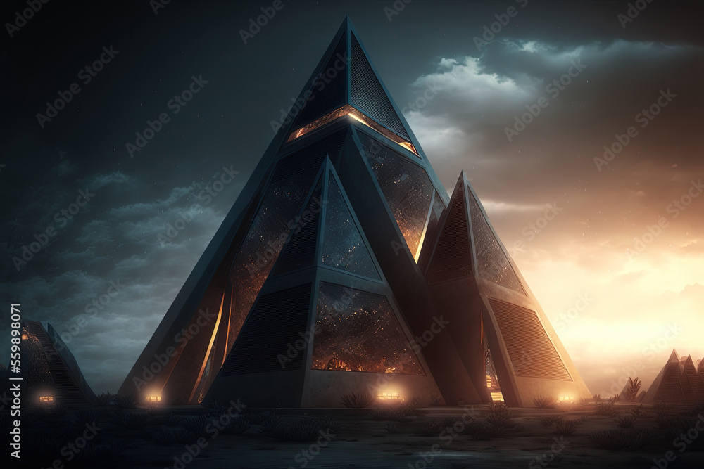 Sci-fi space background with pyramid. Science and technology platform ...