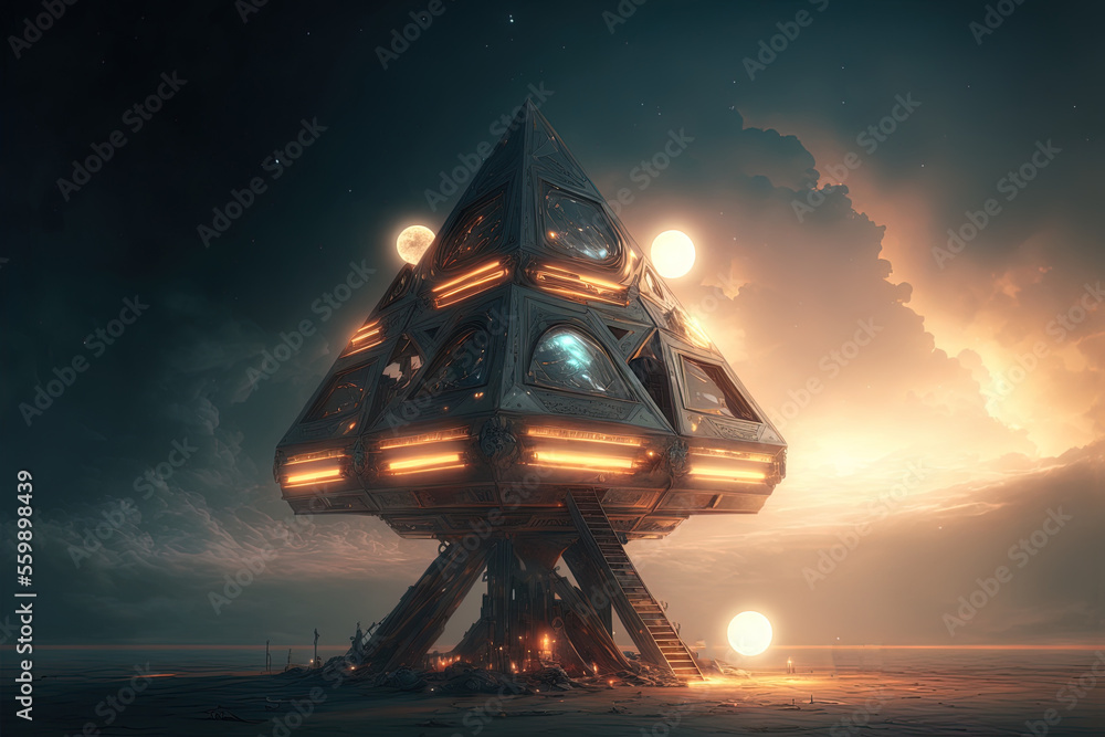 Sci-fi space background with pyramid. Science and technology platform ...