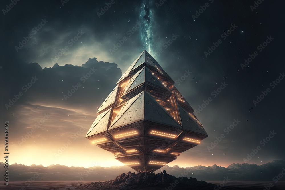 Sci-fi space background with pyramid. Science and technology platform ...
