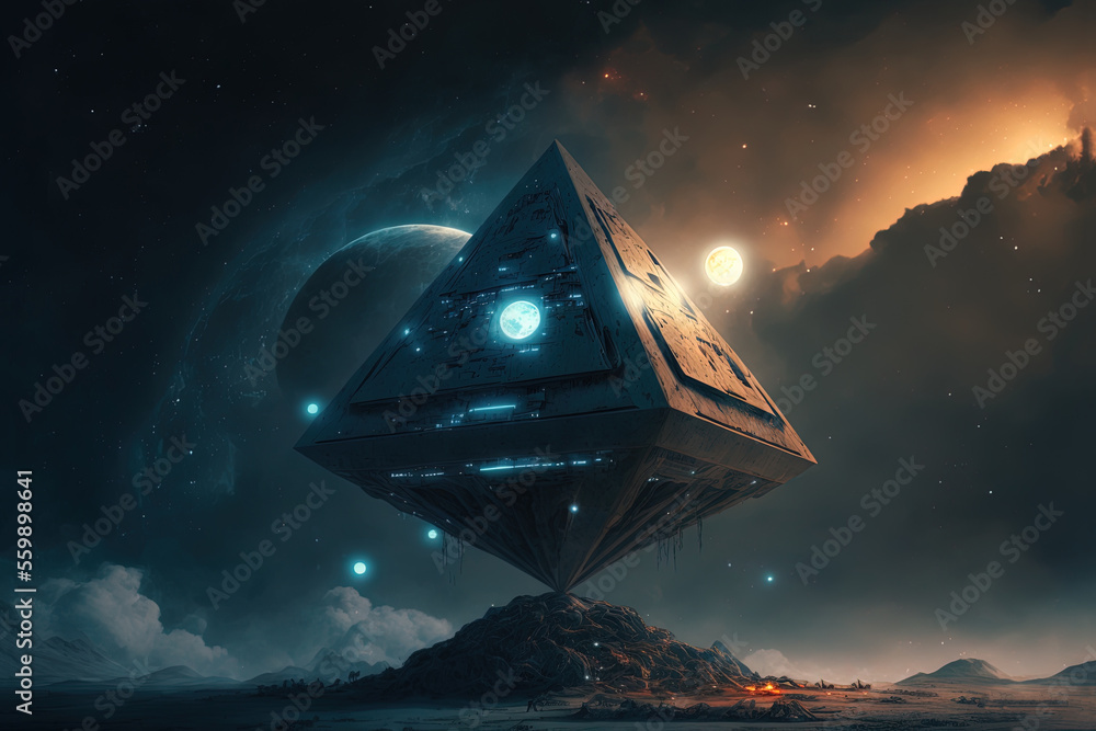 Sci-fi space background with pyramid. Science and technology platform ...