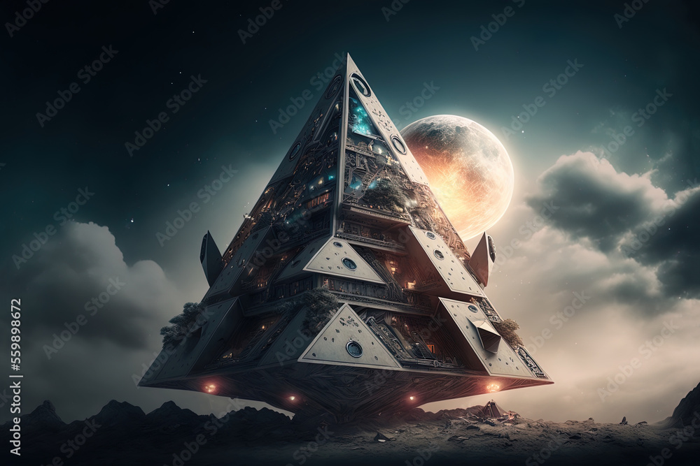 Sci-fi space background with pyramid. Science and technology platform ...