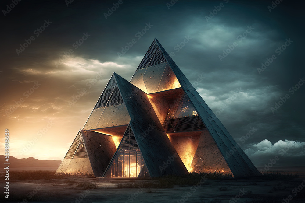 Sci-fi space background with pyramid. Science and technology platform ...