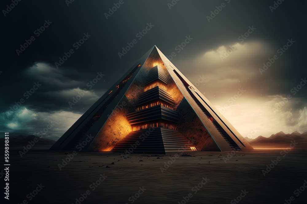 Sci-fi space background with pyramid. Science and technology platform ...