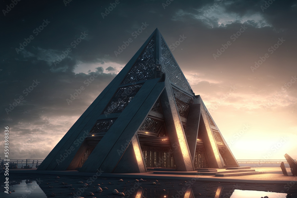 Sci-fi space background with pyramid. Science and technology platform ...