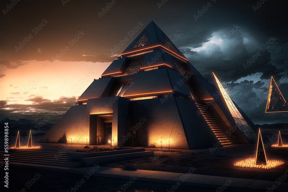 Sci-fi space background with pyramid. Science and technology platform ...