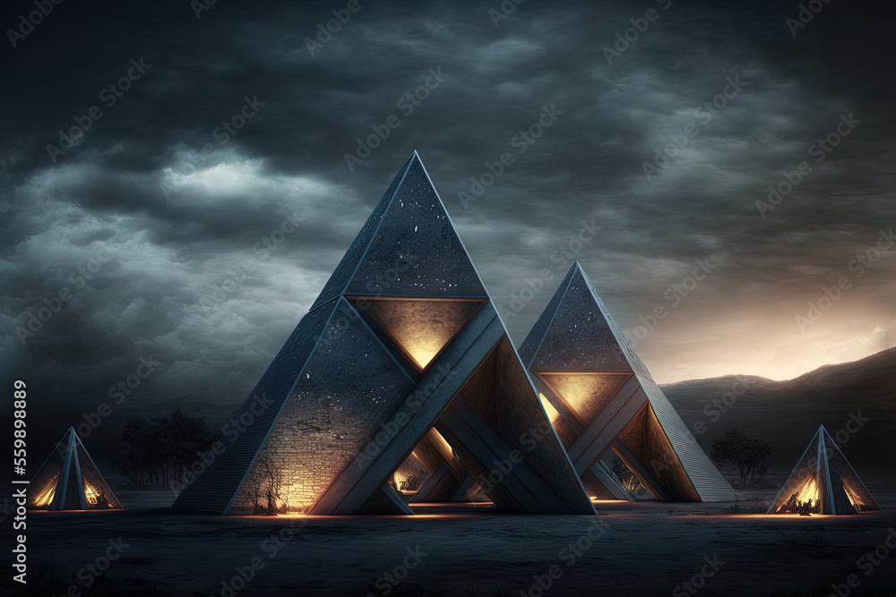 Sci-fi space background with pyramid. Science and technology platform ...