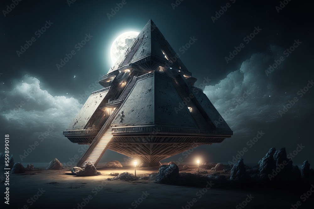Sci-fi space background with pyramid. Science and technology platform ...