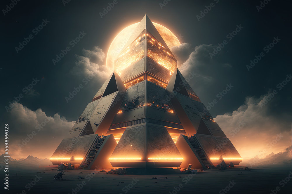 Sci-fi space background with pyramid. Science and technology platform ...