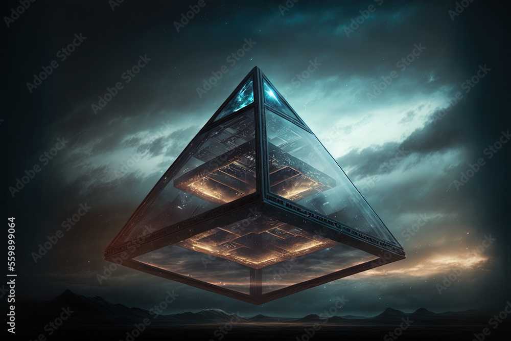 Sci-fi space background with pyramid. Science and technology platform ...