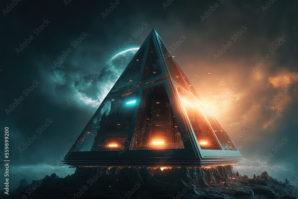 Sci-fi space background with pyramid. Science and technology platform ...