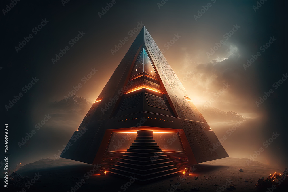 Sci-fi space background with pyramid. Science and technology platform ...