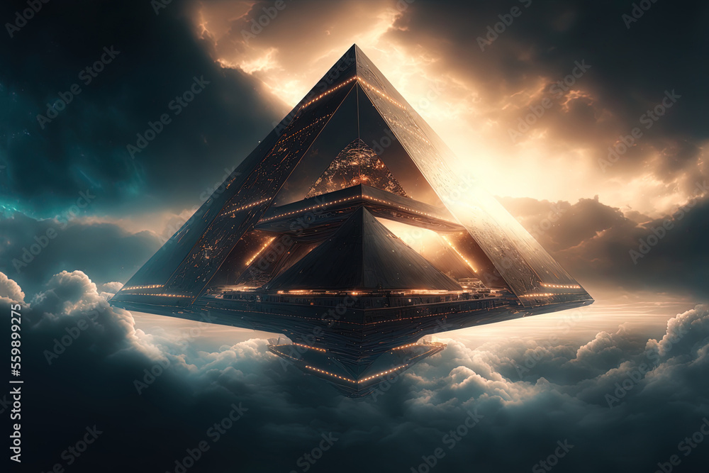 Sci-fi space background with pyramid. Science and technology platform ...
