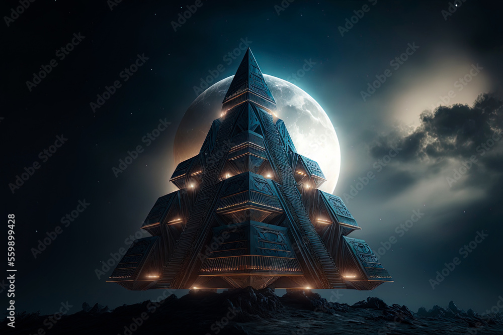 Sci-fi space background with pyramid. Science and technology platform ...
