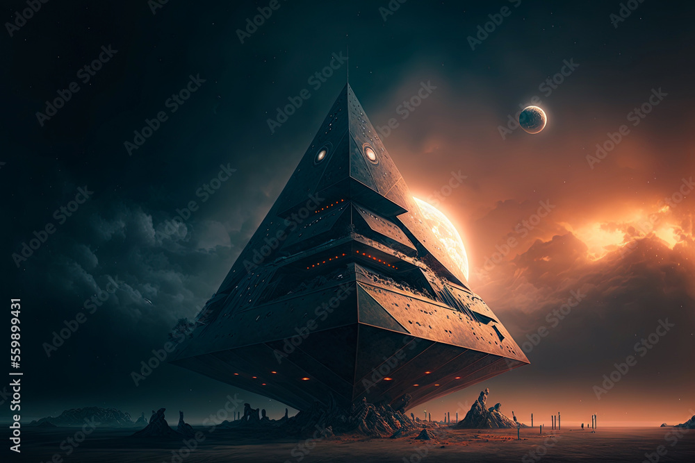 Sci-fi space background with pyramid. Science and technology platform ...