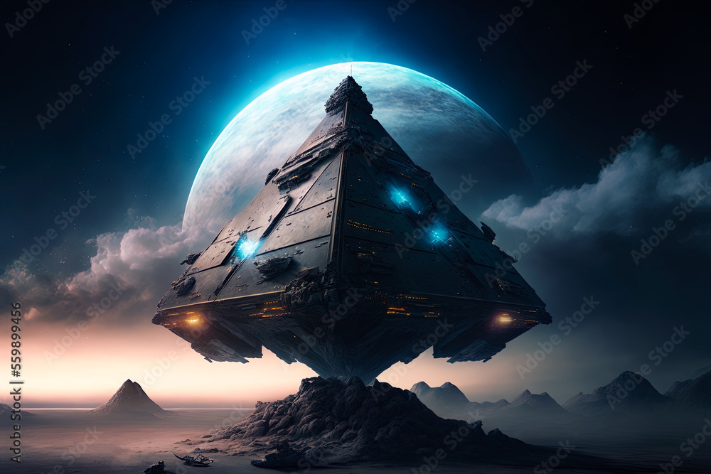 Sci-fi space background with pyramid. Science and technology platform ...