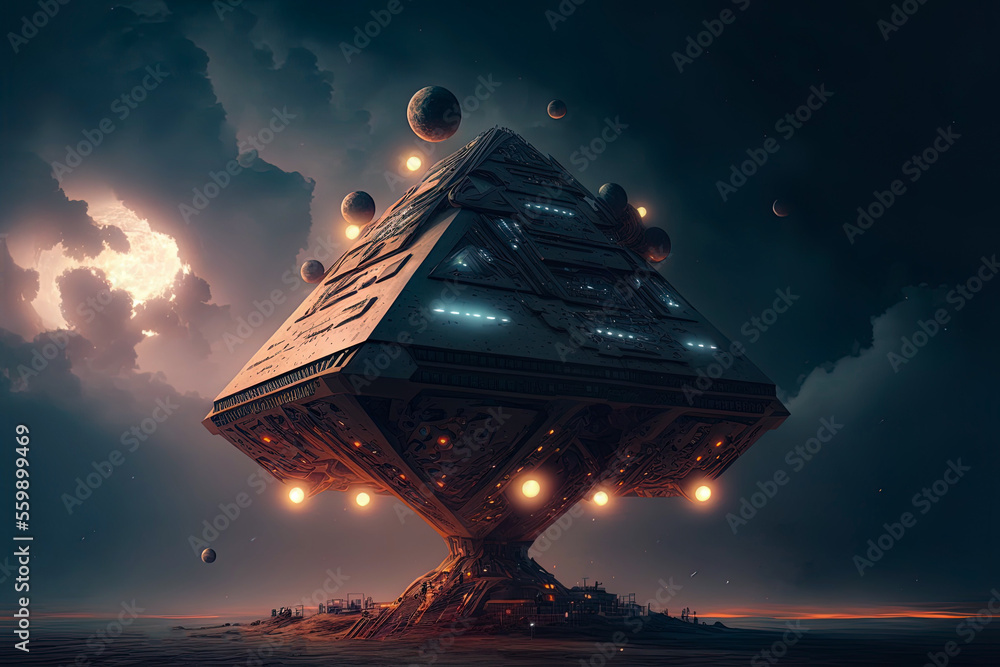 Sci-fi space background with pyramid. Science and technology platform ...