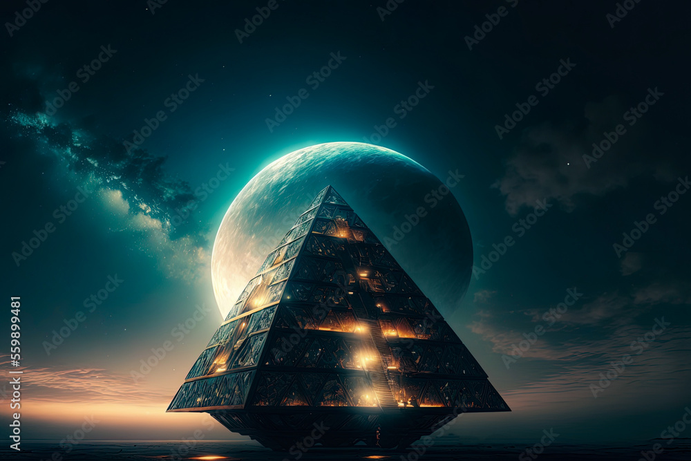 ภาพประกอบสต็อก Sci-fi space background with pyramid. Science and ...