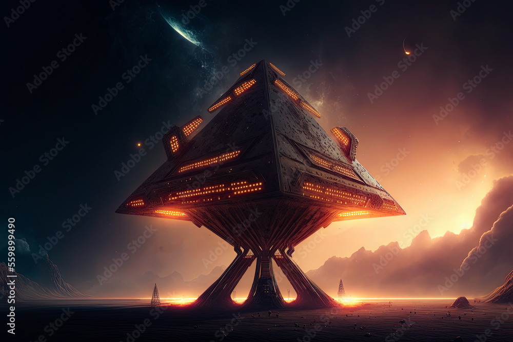 Sci-fi space background with pyramid. Science and technology platform ...