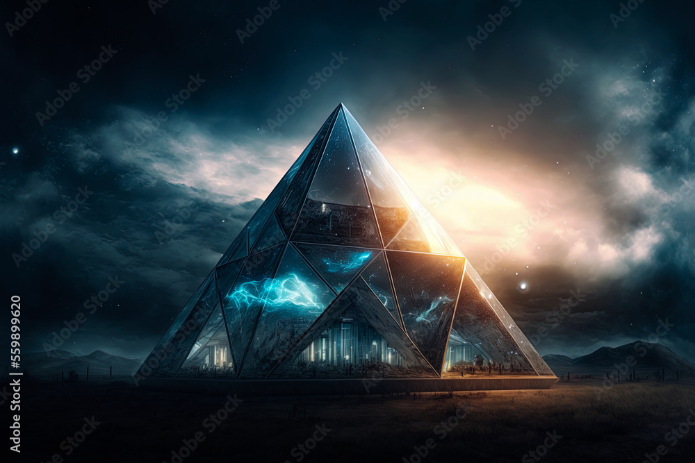Sci-fi space background with pyramid. Science and technology platform ...