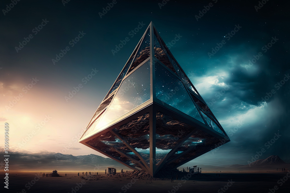 Sci-fi space background with pyramid. Science and technology platform ...