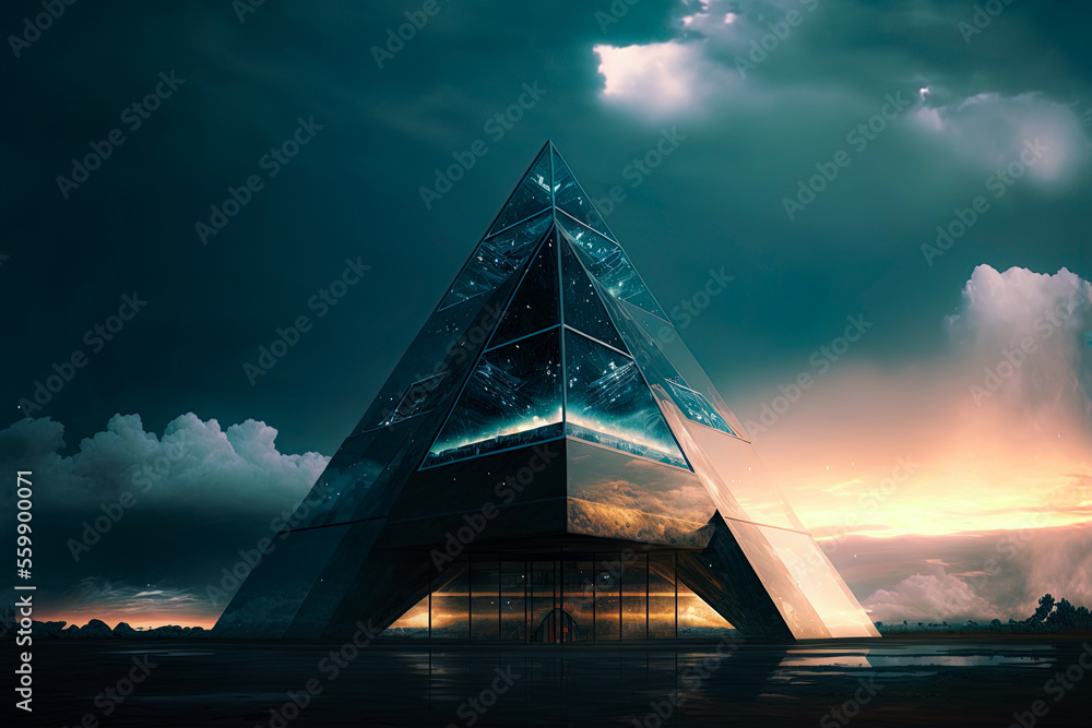 Sci-fi space background with pyramid. Science and technology platform ...