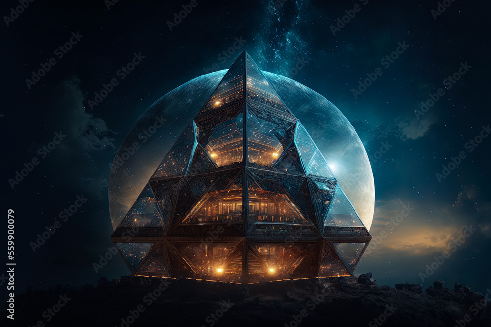 Sci-fi space background with pyramid. Science and technology platform ...