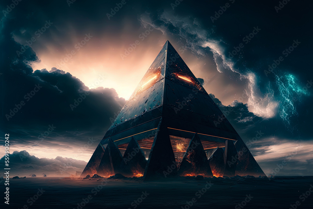 Sci-fi space background with pyramid. Science and technology platform ...