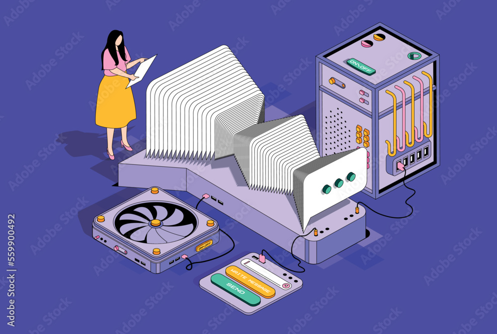 Messaging service concept in 3d isometric design. Woman sending letters ... Messaging service concept in 3d isometric design. Woman sending letters ...