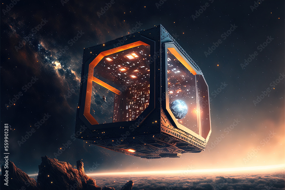 Sci-fi space background with giant platform. Science and technology ...