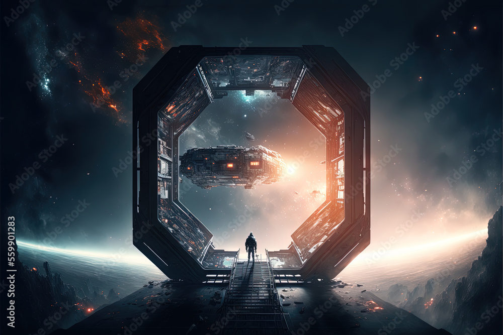 Sci-fi space background with giant platform. Science and technology ...