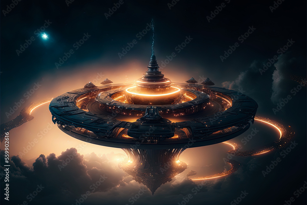 Intergalactic station, disk-shaped space platform. Science and ...