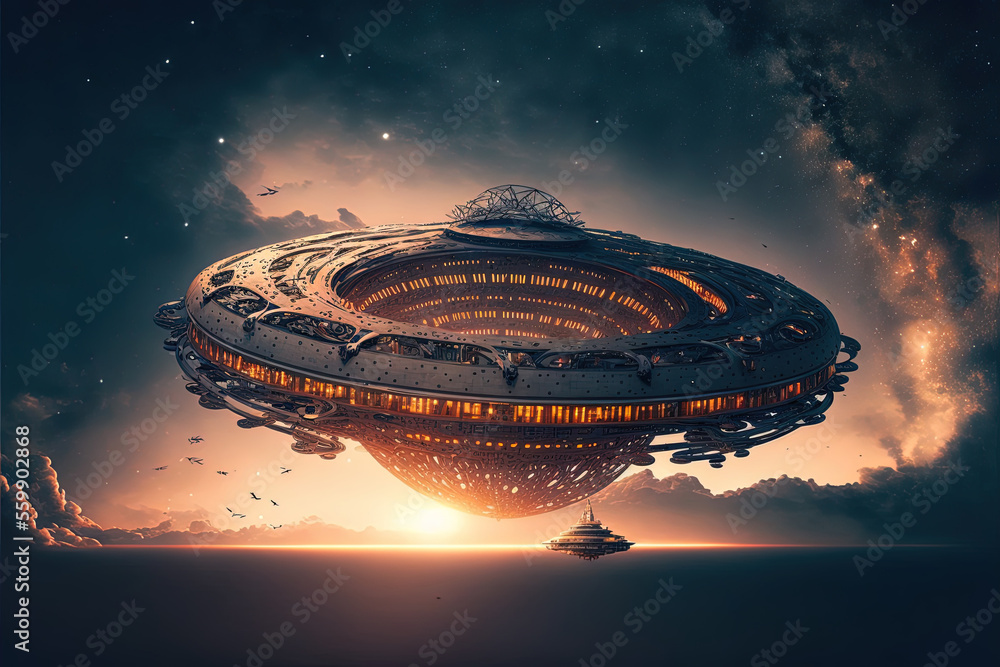 Intergalactic station, disk-shaped space platform. Science and ...