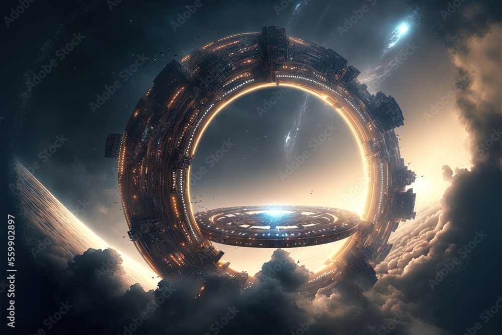 Intergalactic station, disk-shaped space platform. Science and ...