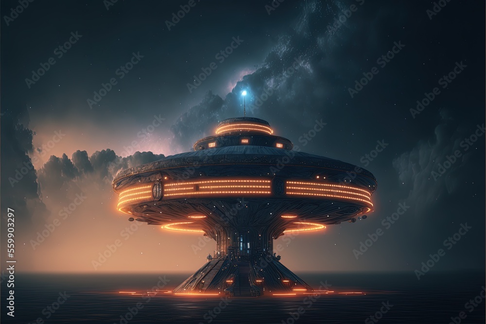 Intergalactic station, disk-shaped space platform. Science and ...