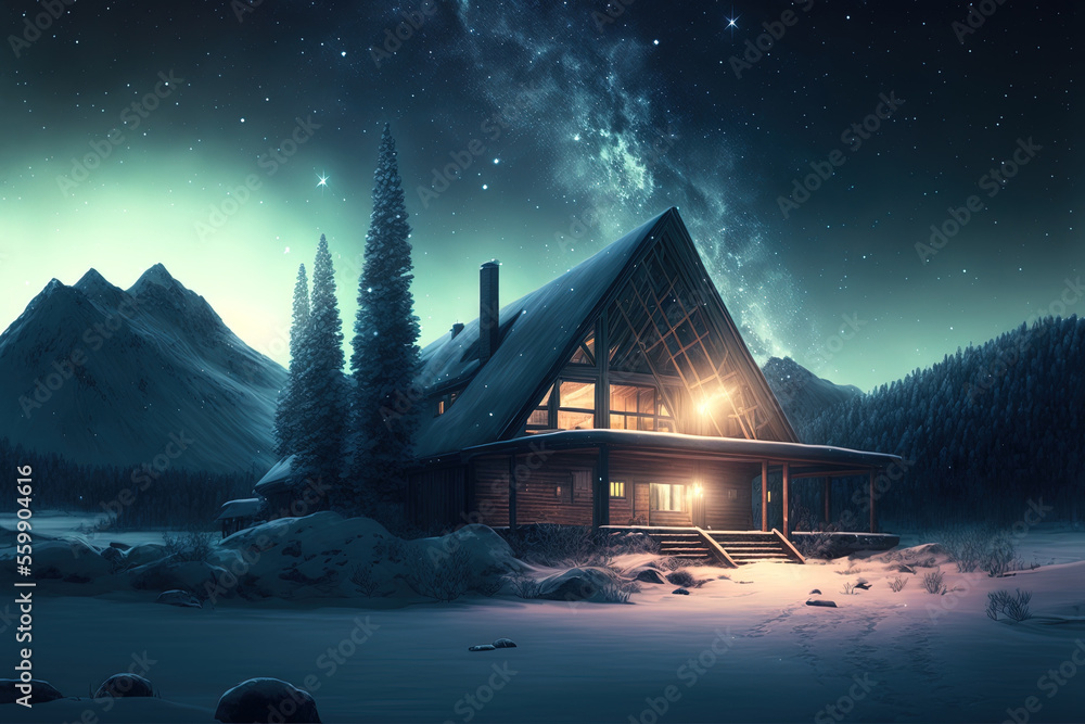 Northern lights at the edge of the north. A small house in the forest ...